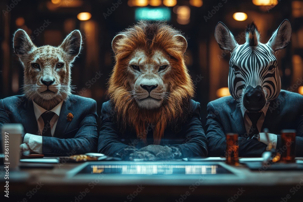 surreal boardroom scene with anthropomorphic animals in sleek business ...