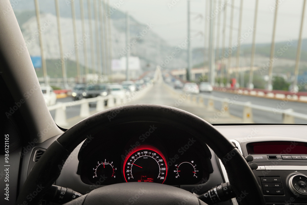 Car driving on bridge, view from driver's seat Stock Photo | Adobe Stock
