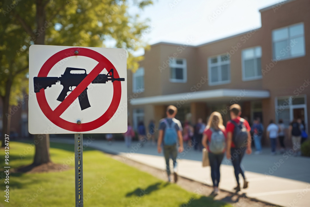 No weapons allowed. Sign with 'do not' symbol on rifle icon in front of ...