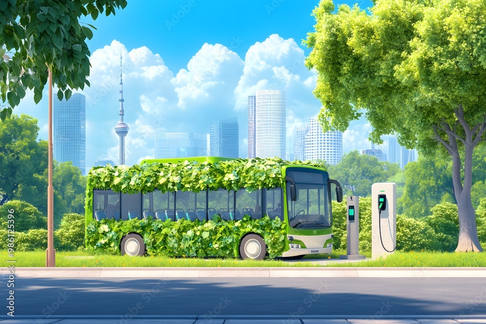 green bus covered in plants is charging at an electric vehicle charging ...