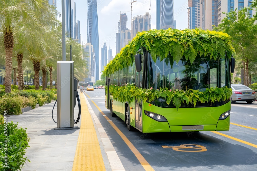 green bus covered in plants is charging at an electric vehicle charging ...