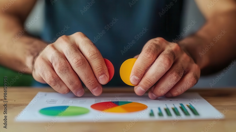 Closeup of hands comparing different sections of a financial document ...