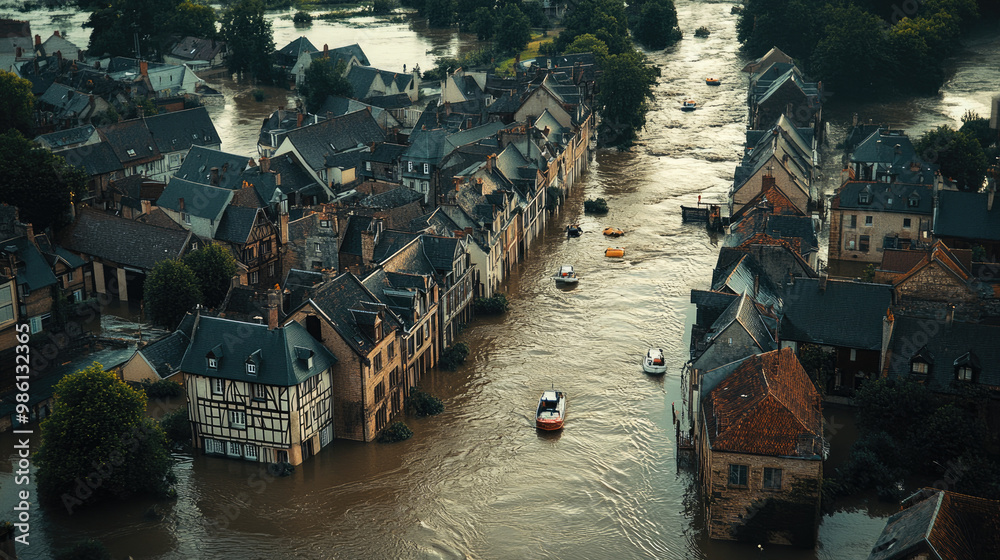 A flood-stricken town, with water levels rising rapidly and residents ...