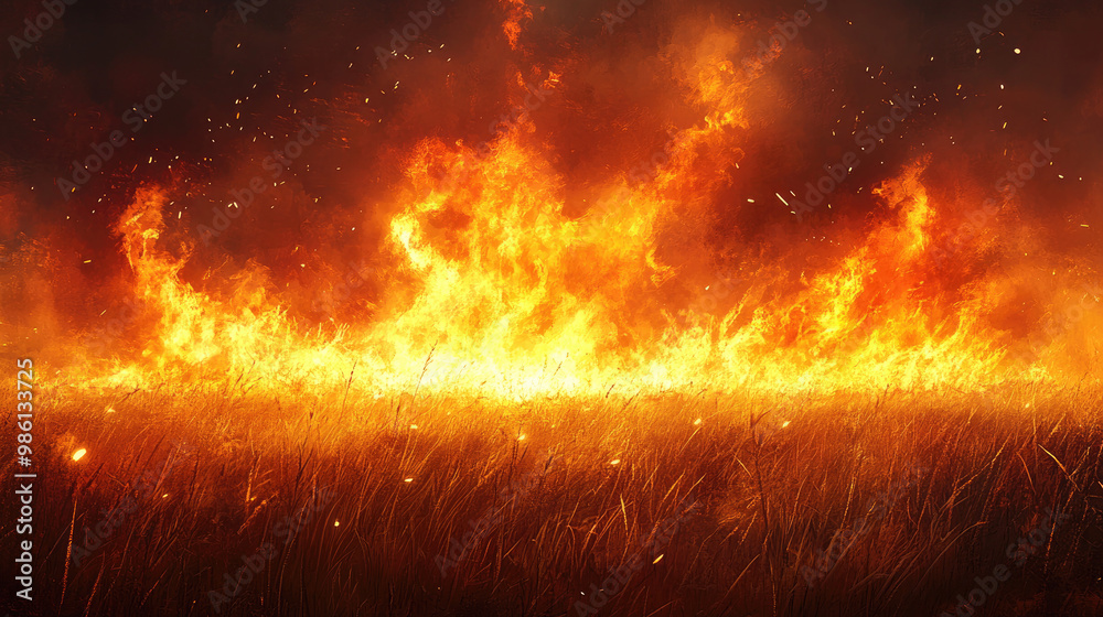 A wildfire burning through a dry grassland, with flames spreading ...