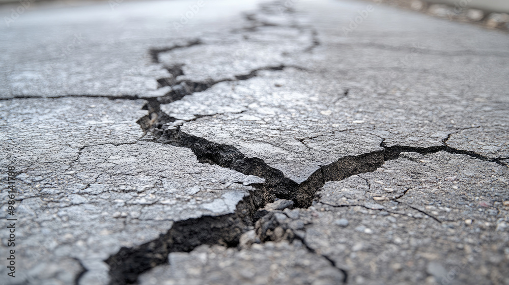 A close-up of a cracked and broken road after an earthquake, with deep ...