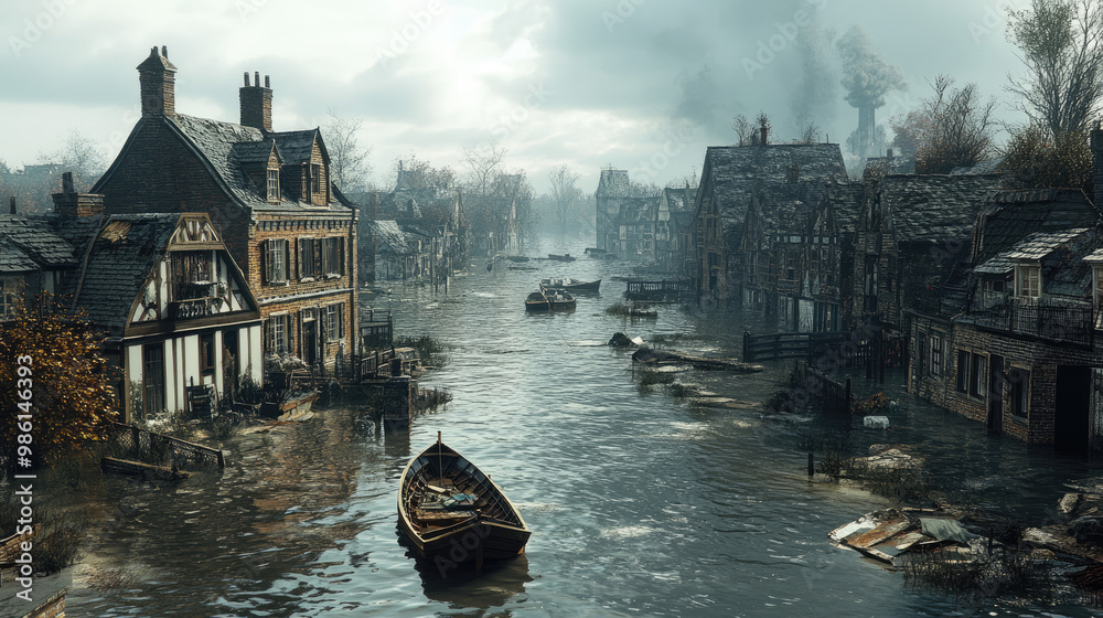 A flood-stricken town, with water levels rising rapidly and residents ...
