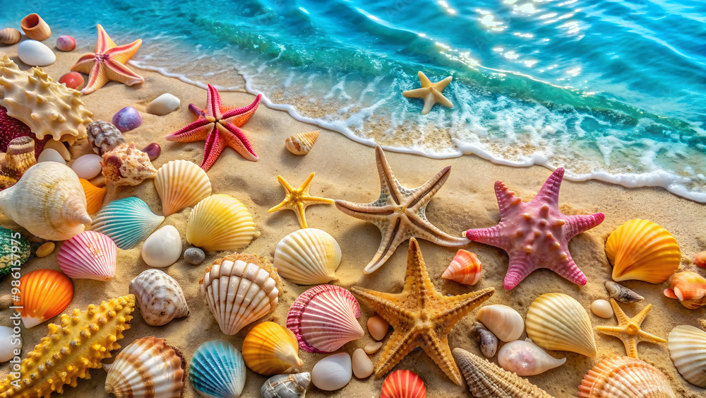 Colorful sea shells, starfish, conch shells, and scallop shells on ...