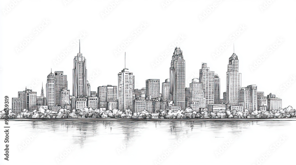 Buffalo, New York, black and white pen pencil hand-drawn effect drawing ...