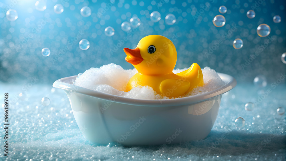 Rubber ducky floating in a bathtub filled with bubbles, rubber ducky ...
