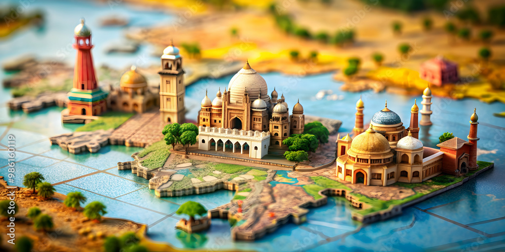 miniature map of India showcasing iconic landmarks and cultural ...