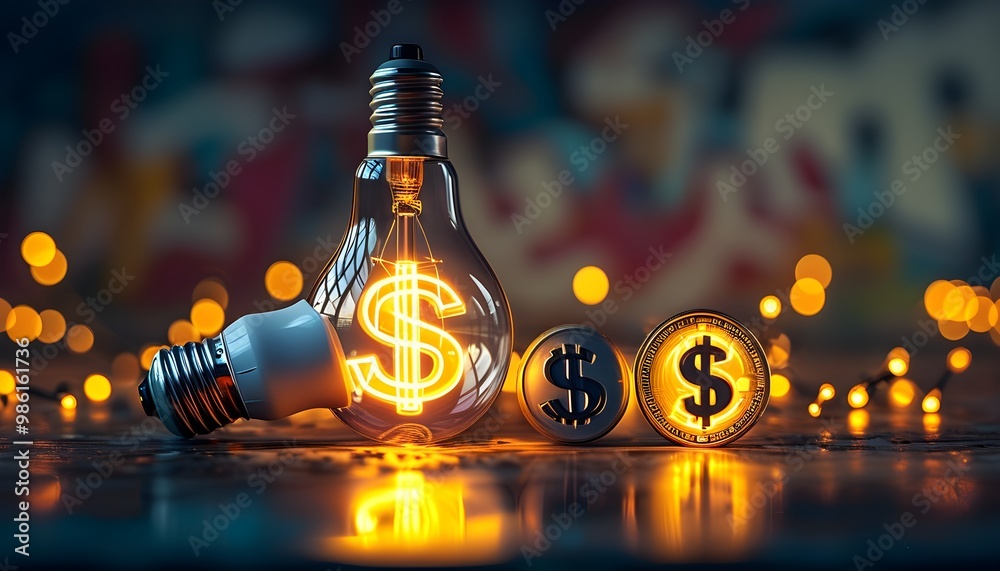 Illuminated light bulb with glowing dollar sign filament symbolizing ...