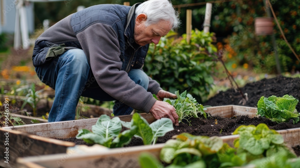 An older adult gardening in a raised bed pulling weeds and adding fresh ...