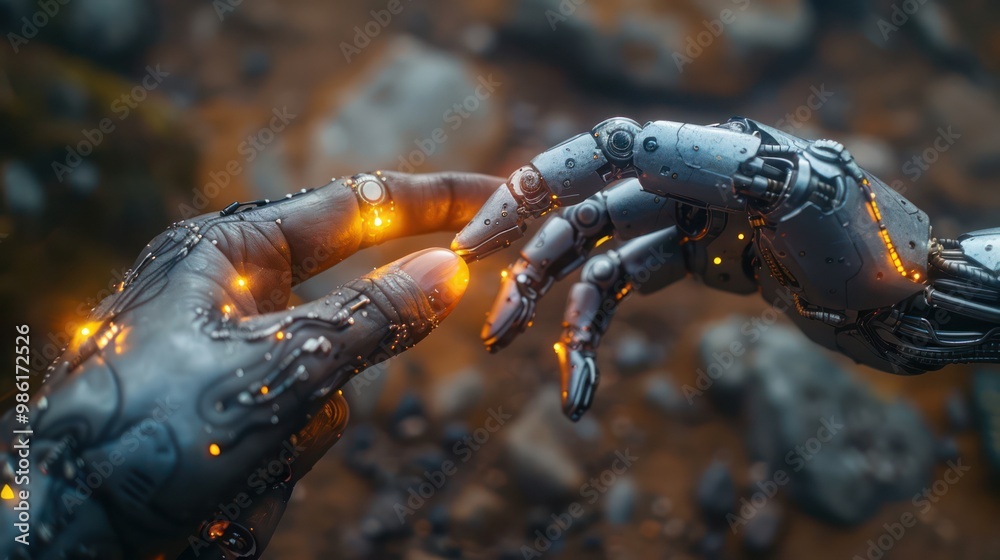 The pointing fingers of a human and a robot touching each other's tips ...