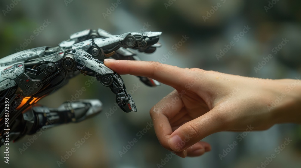 The pointing fingers of a human and a robot touching each other's tips ...