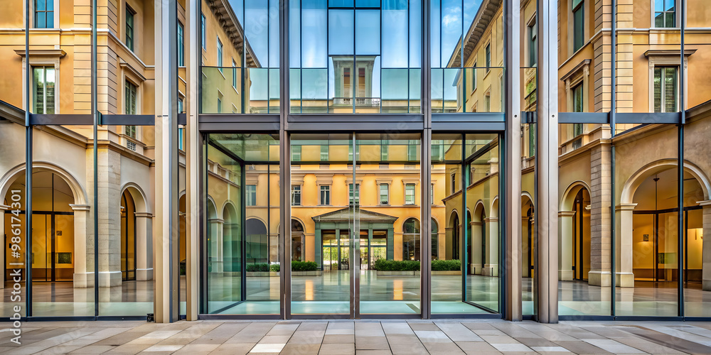 University of Parma entrance with glass doors reflecting the street ...