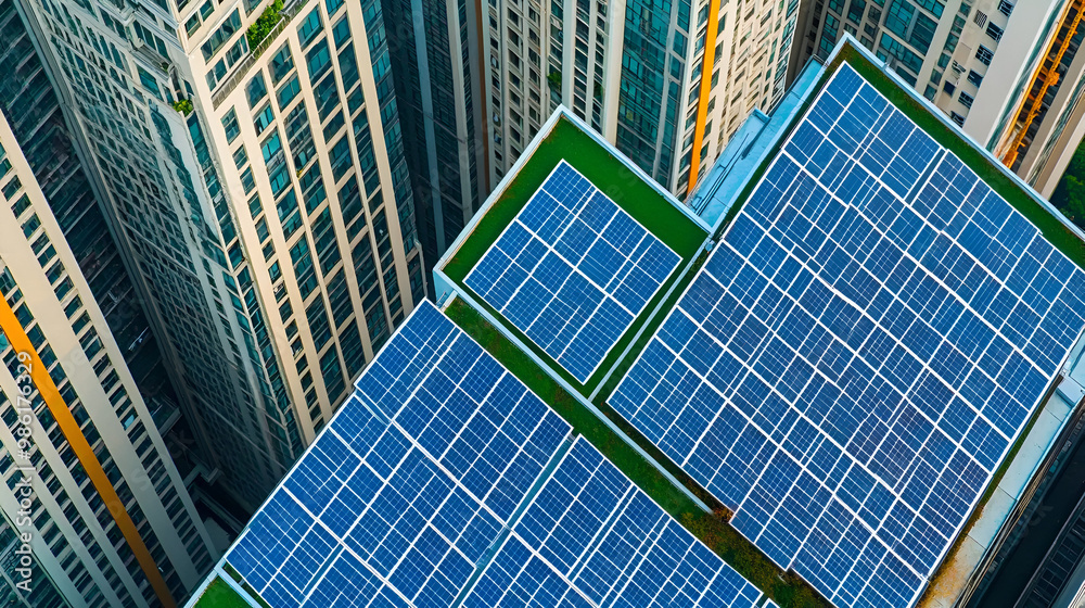 City skyline portraying the future of eco-friendly construction, with ...