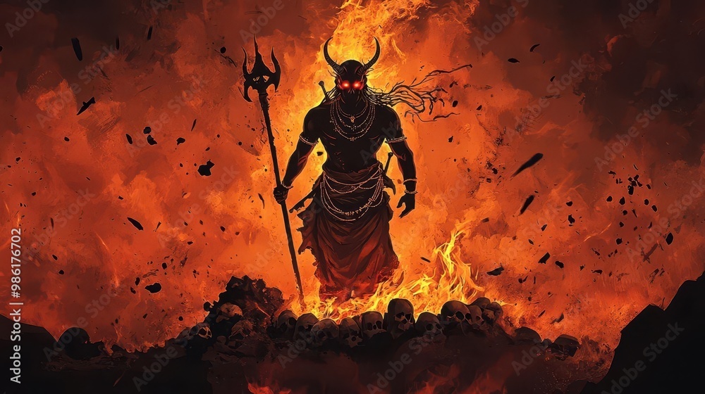 Shiva as Bhairava, with glowing red eyes and a garland of skulls ...