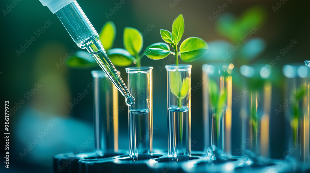 Seedlings in test tubes watered with a pipette in laboratory Stock ...