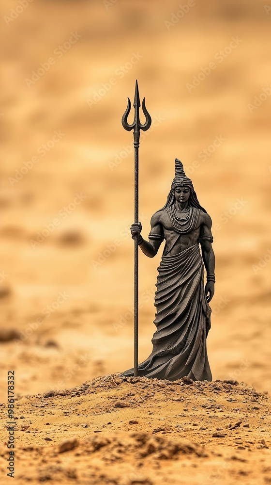 Shiva in a desert of ashes, holding his trident, symbolizing the end of ...