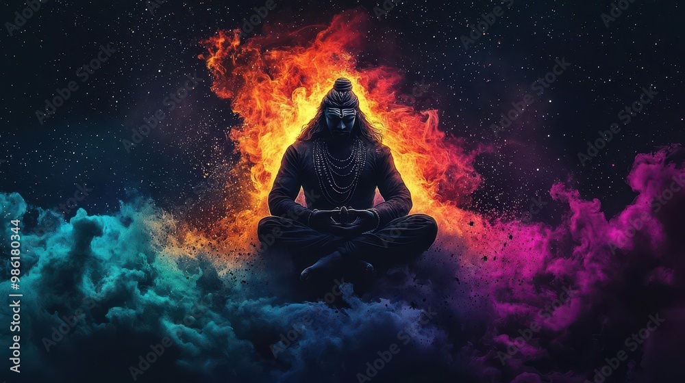 Shiva seated on a burning throne, surrounded by flames, as the universe ...