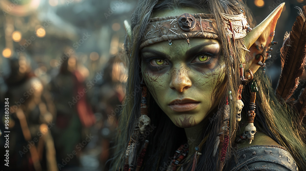 fierce female goblin warrior adorned with tribal markings and skull ...