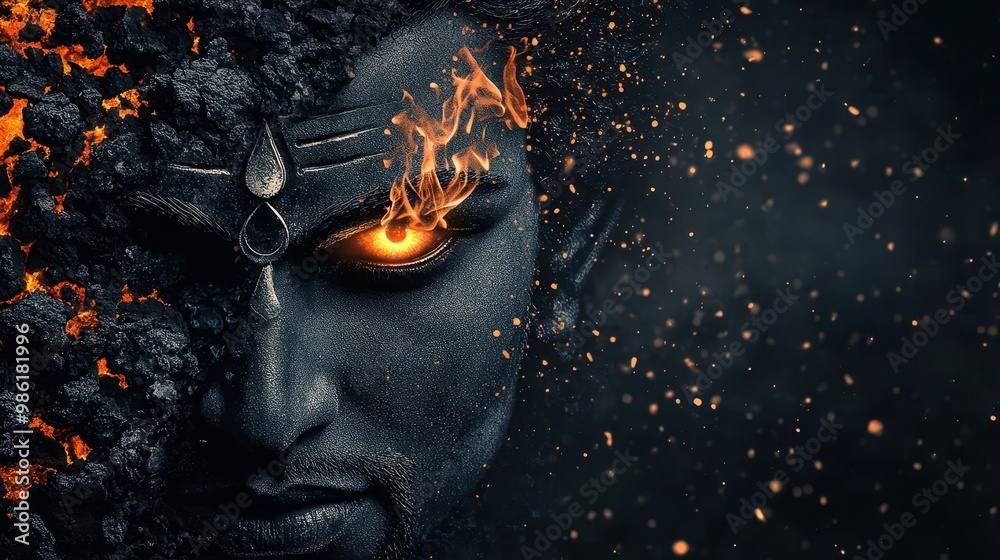 Shiva with his third eye blazing, turning a mountain into ashes with ...
