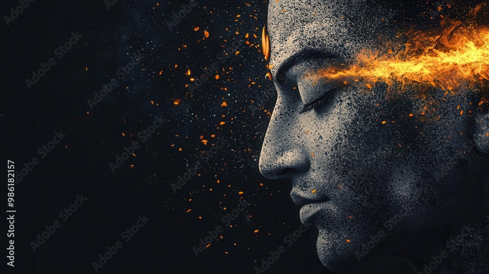 Shiva with his third eye open, releasing a beam of fiery energy that ...