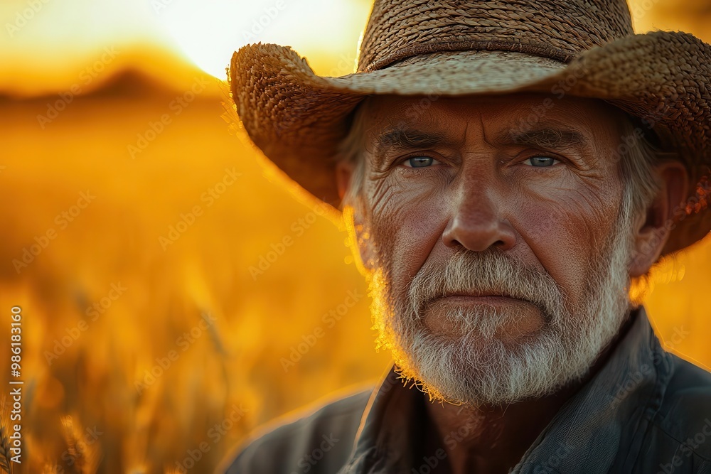 weathered farmer gazing over golden wheat fields at sunset deep ...
