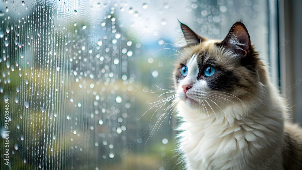 Cute Ragdoll cat gazing at the rainy sky through a window glass during ...