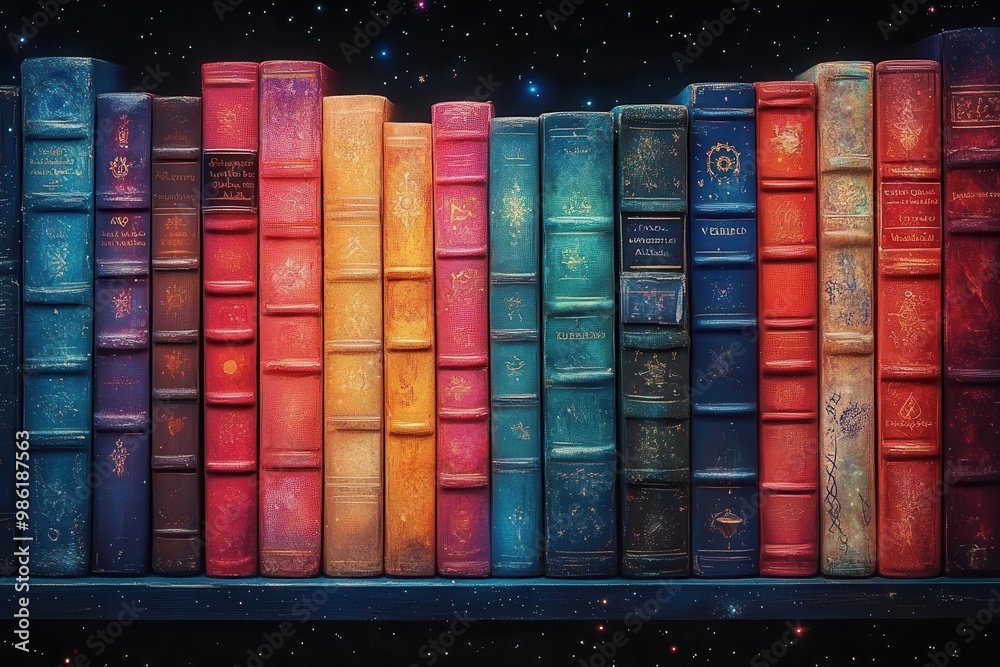 whimsical bookshelf wallpaper rainbowcolored book spines floating ...