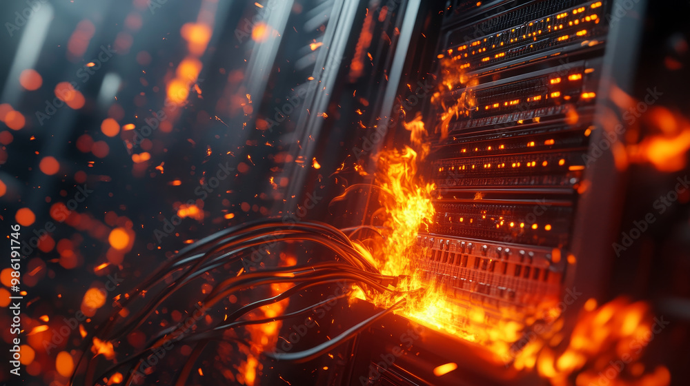 Intense fire spreading through data center, with glowing cables and ...