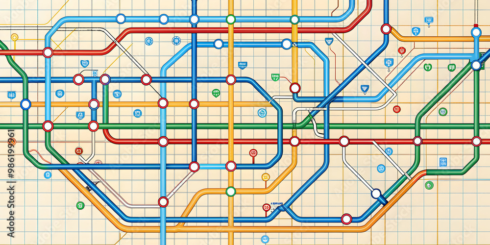 Complex subway map with multiple blue lines and stops, blue, subway ...
