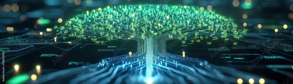 Codebase visualization as a glowing holographic tree, each branch ...