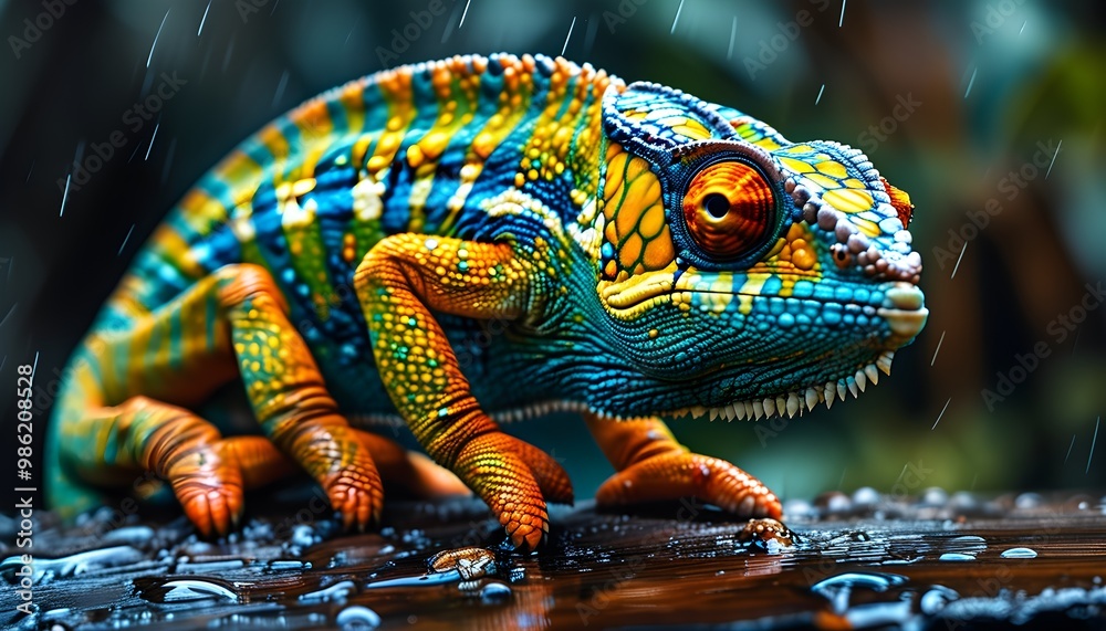 Vibrant chameleon displaying bold orange and blue hues on a rain-soaked ...
