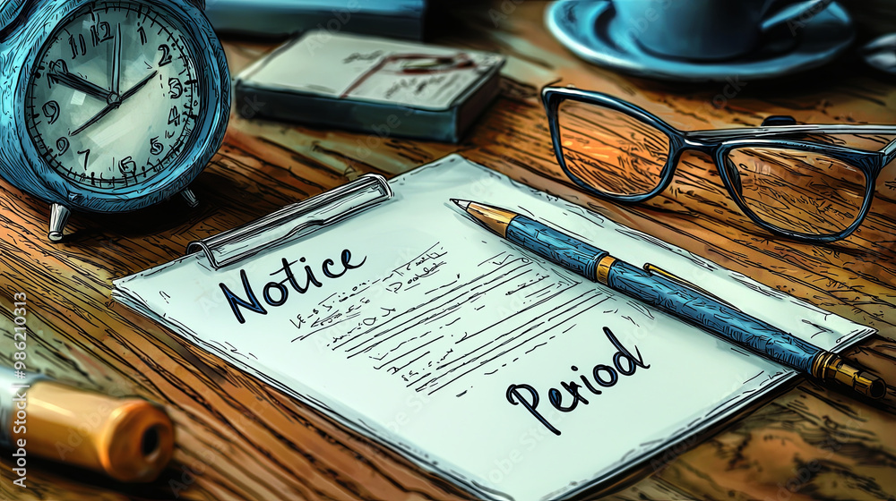 A well-organized desktop scene featuring a notice period paper on a ...