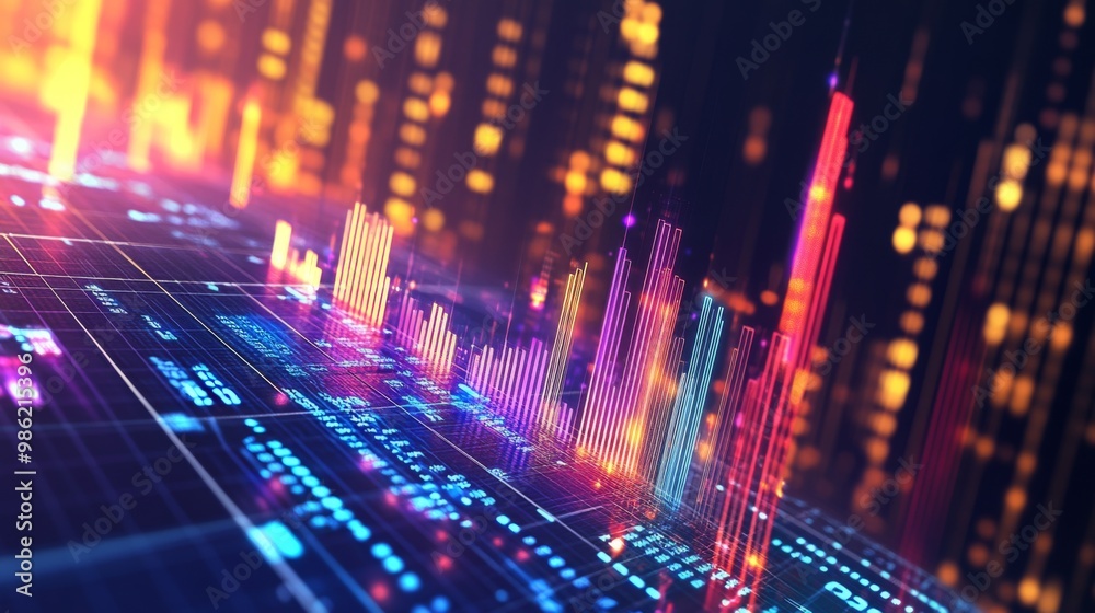 A high-tech 3D bar chart floating in a digital grid with glowing ...