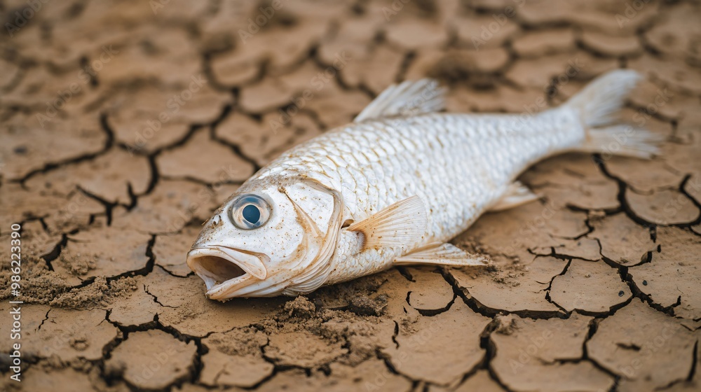 Dying fish in a dried-up riverbed, visualizing the environmental impact ...