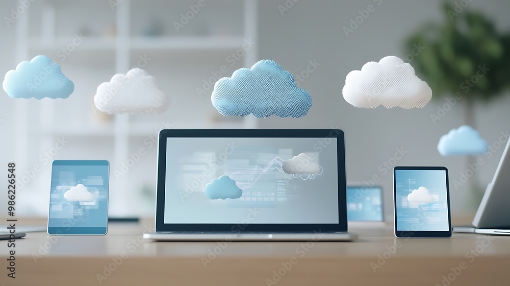 A close-up of multiple connected devices such as laptops, tablets, and ...