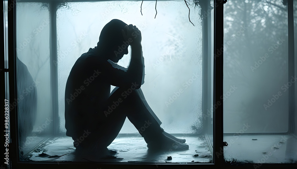 Isolation within a glass box, a figure shrouded in darkness, consumed ...