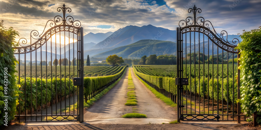 Wrought iron gates open to a long path through a lush vineyard with ...
