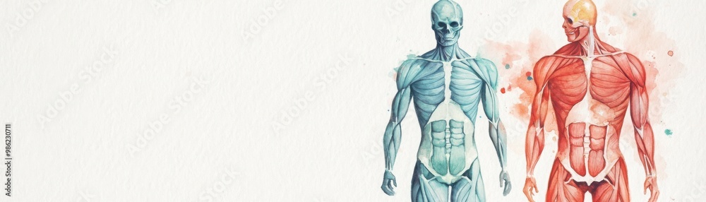 Two anatomically detailed figures in contrasting colors represent human ...