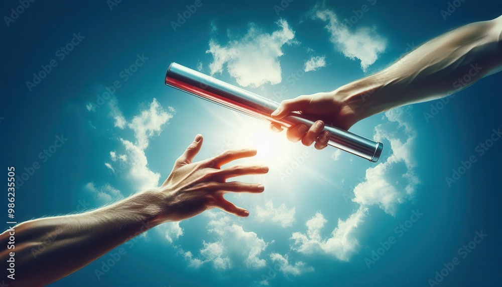 Two hands reach out against a bright, cloudy sky, one hand passing a ...
