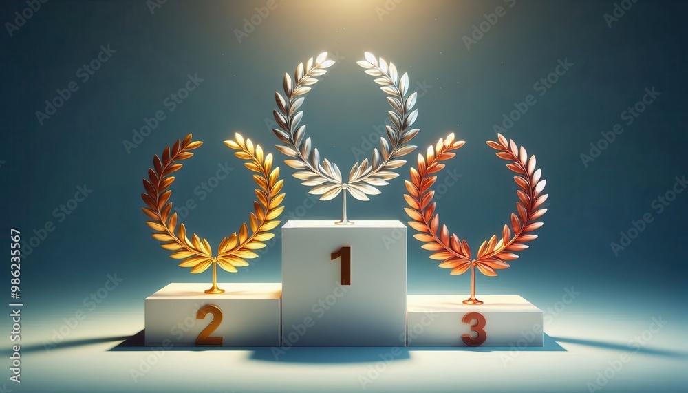 Three laurel wreaths - gold, silver, and bronze - stand on white ...