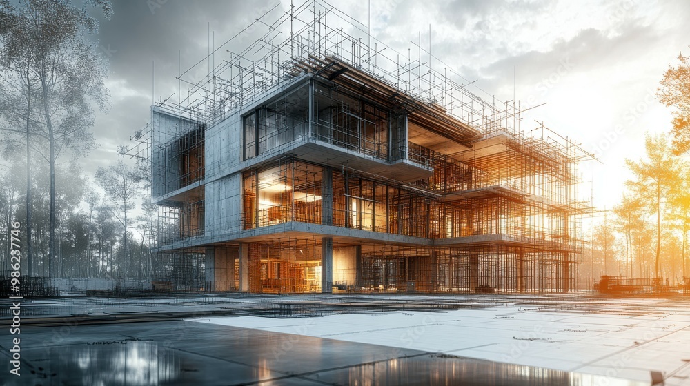 A realistic, close-up photo of a CAD construction drawing with ...