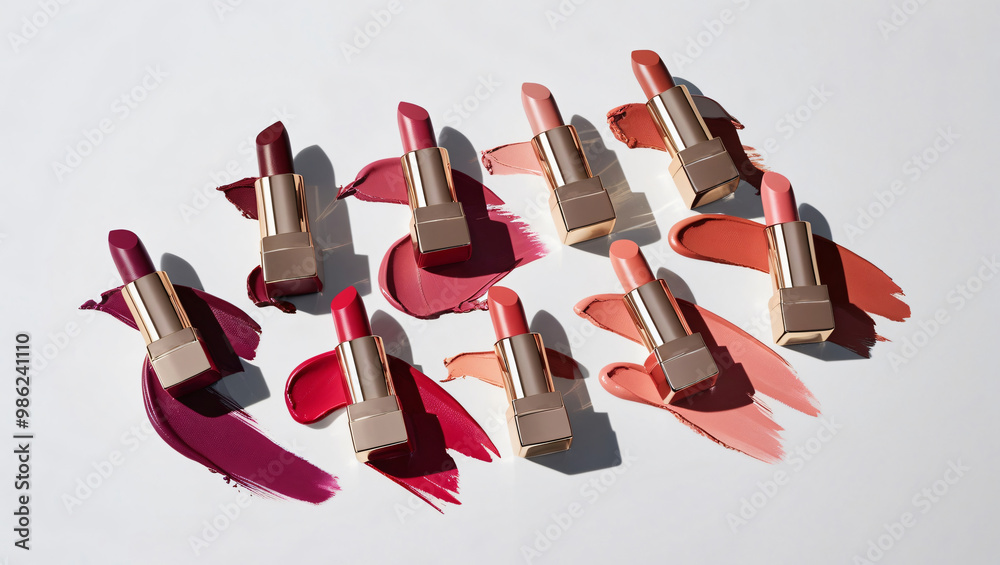 Top-down high-quality photograph of lipsticks arranged in a grid on ...