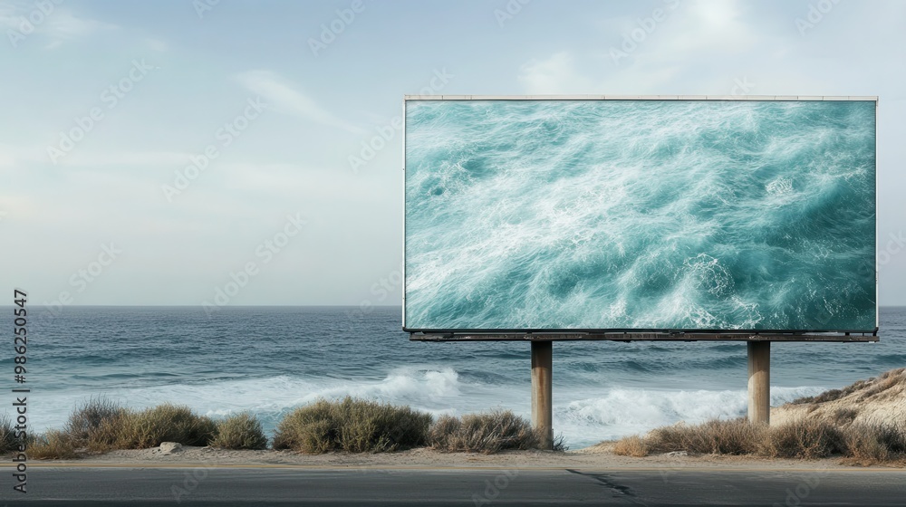 A stunning photograph of a coastal billboard displaying ocean waves ...