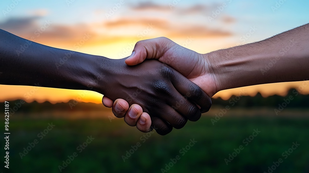 Two hands clasp in an interracial handshake, the sun setting behind ...