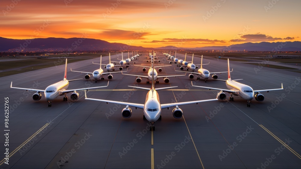 A fleet of aircraft perfectly aligned on the runway during sunset ...