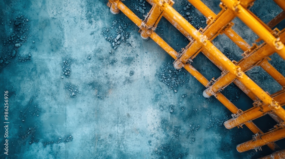 Top view of an intricate metal bars structure laid out on a concrete ...