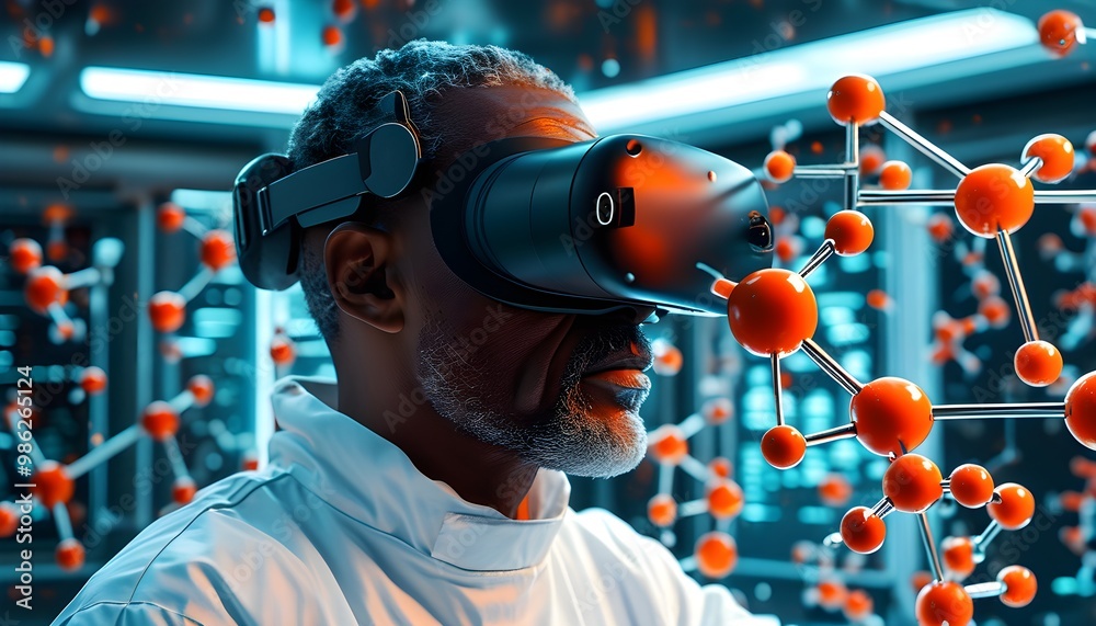 Futuristic lab scene with scientist immersed in virtual reality for ...